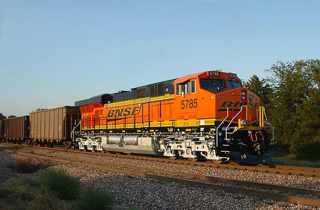 BNSF 5785, GE ES44AC (GEVO), Brand New working as a remote DPU unit on a westbound empty hopper ...